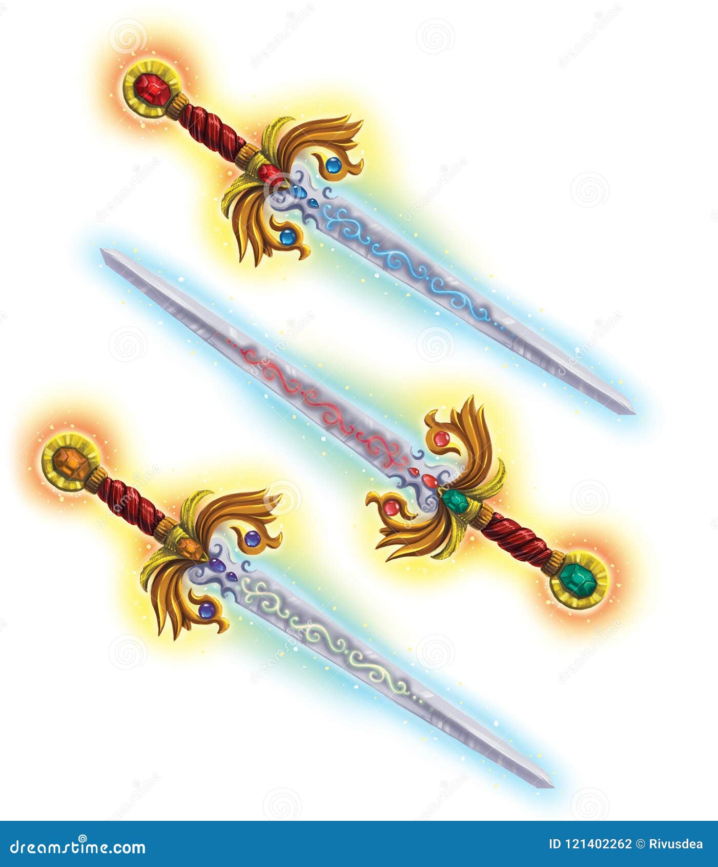 Set of Different Magic Swords. Earth, Fire, Air Element Stones in it ...