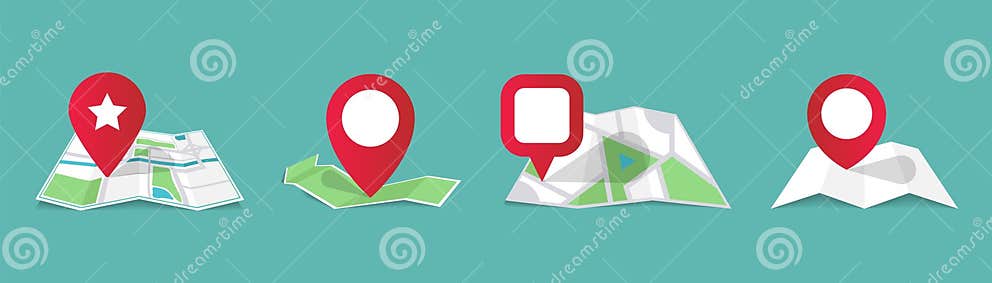 Set of Different Maps with Red Map Pointers in a Flat Design Stock ...