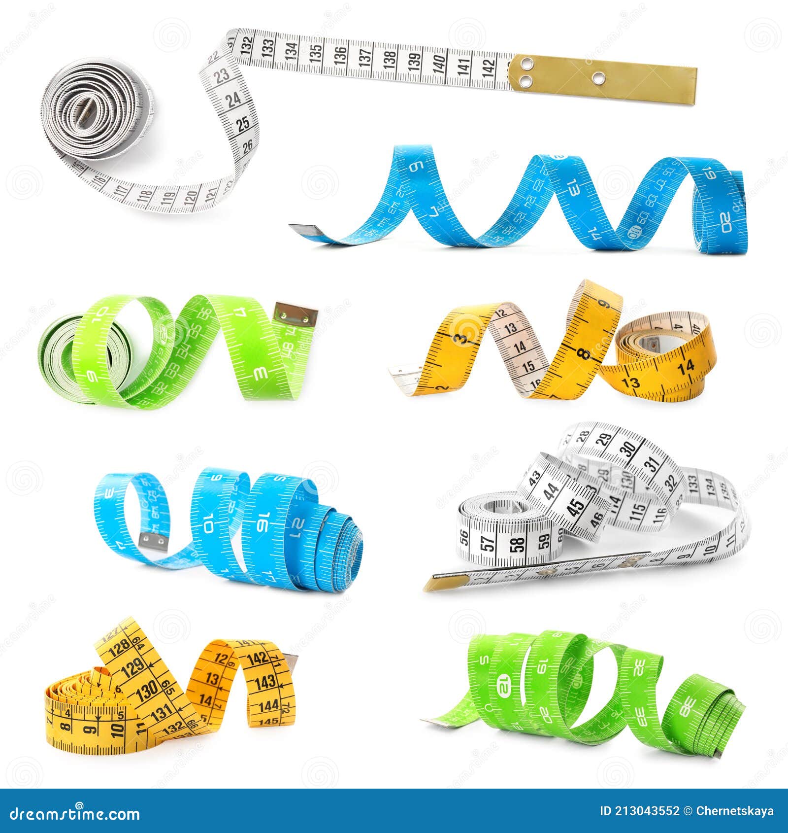 Set with Different Measuring Tapes on White Background Stock Photo ...