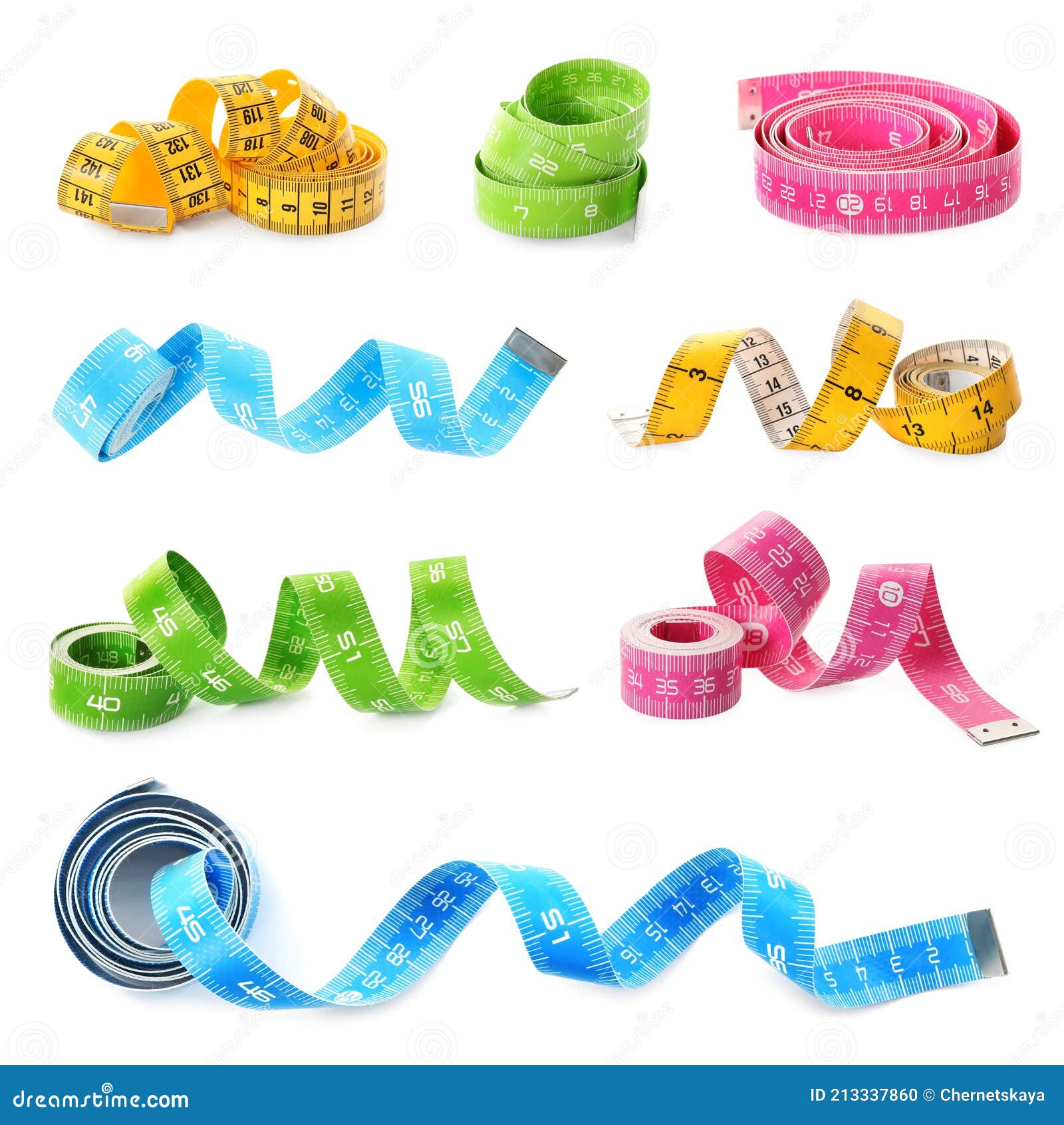 Set with Different Measuring Tapes on White Background Stock Photo ...