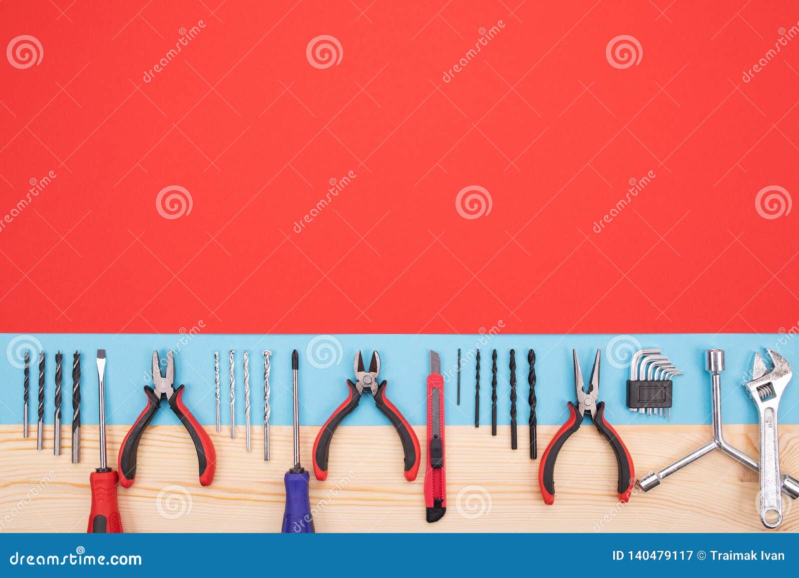 Set of Different Mechanical Tools Isolated on Red-blue Background Stock ...