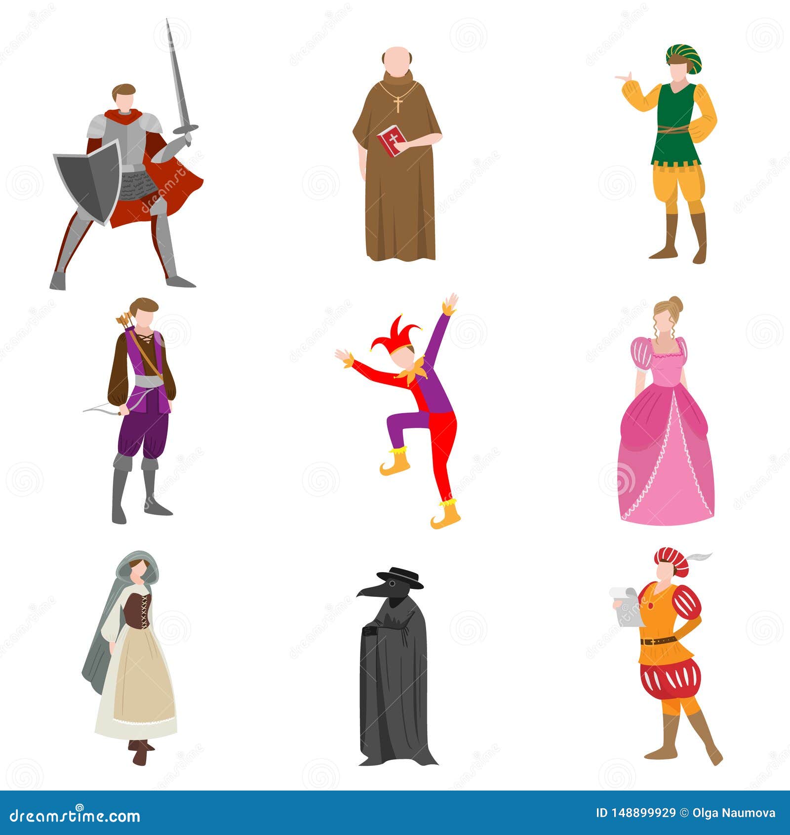 Set of Different Medieval People in Colorful Clothes and Objects Stock ...