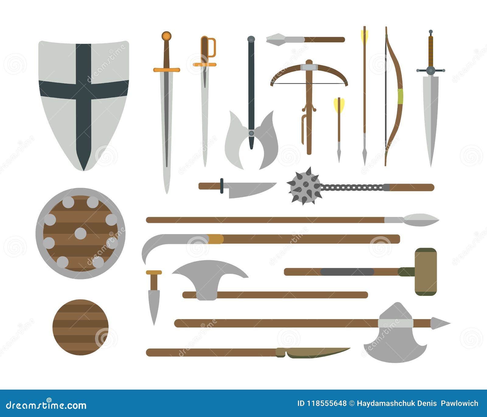Set of Different Medieval Weapons Vector Flat Illustrations. Stock ...