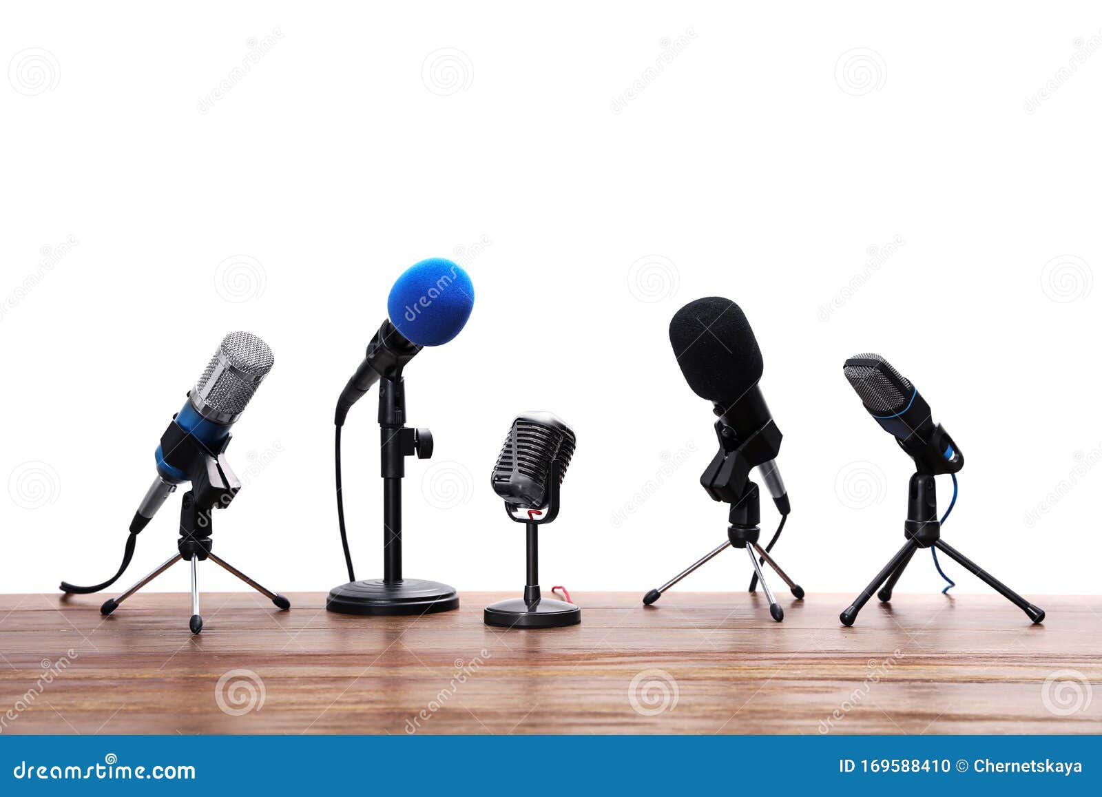 Set of Different Microphones on Wooden Table Stock Photo - Image of ...