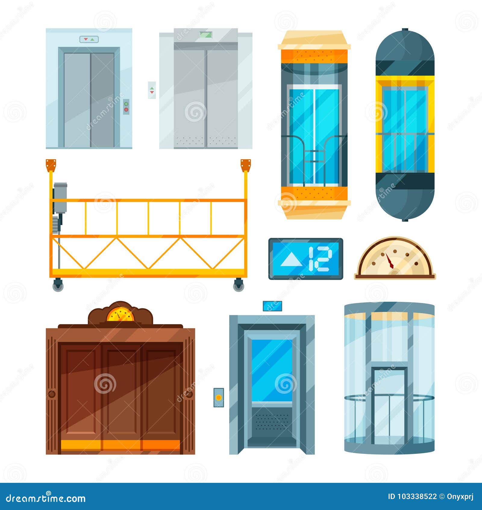 Set of Different Modern Glass Elevators. Vector Pictures in Cartoon ...