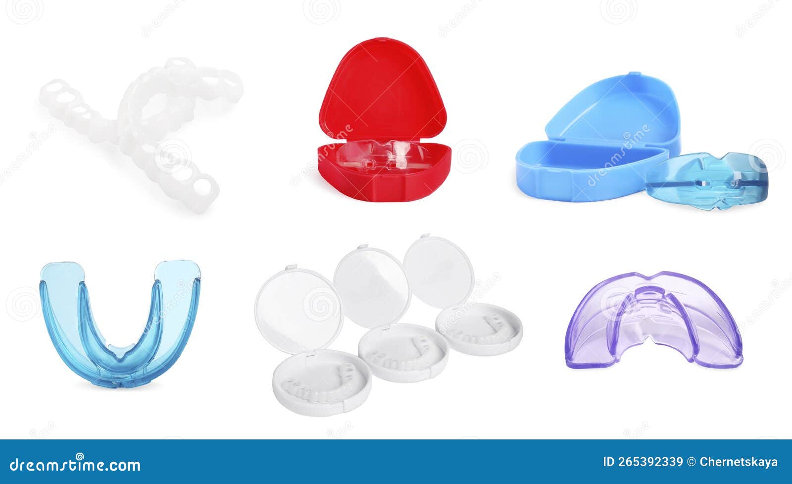 Set with Different Mouth Guards on White Background. Bite Correction ...