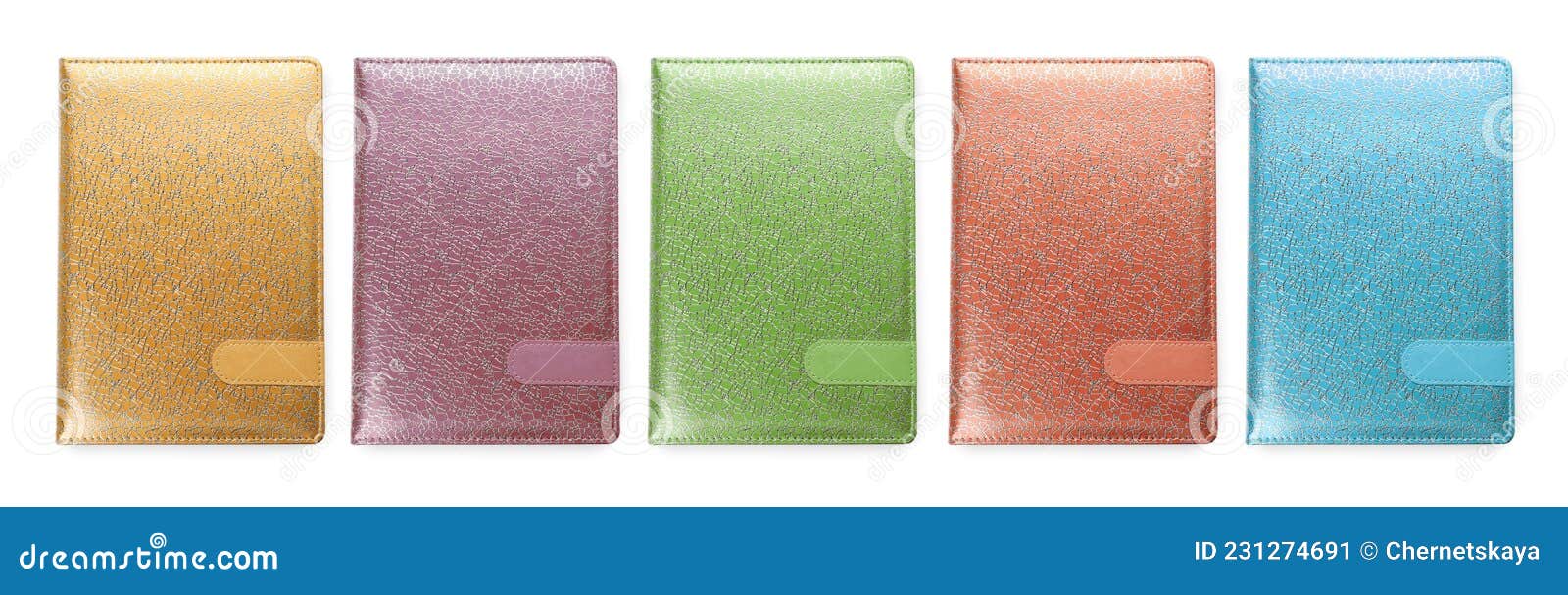 Set with Different Multicolored Planners on White Background, Top View ...