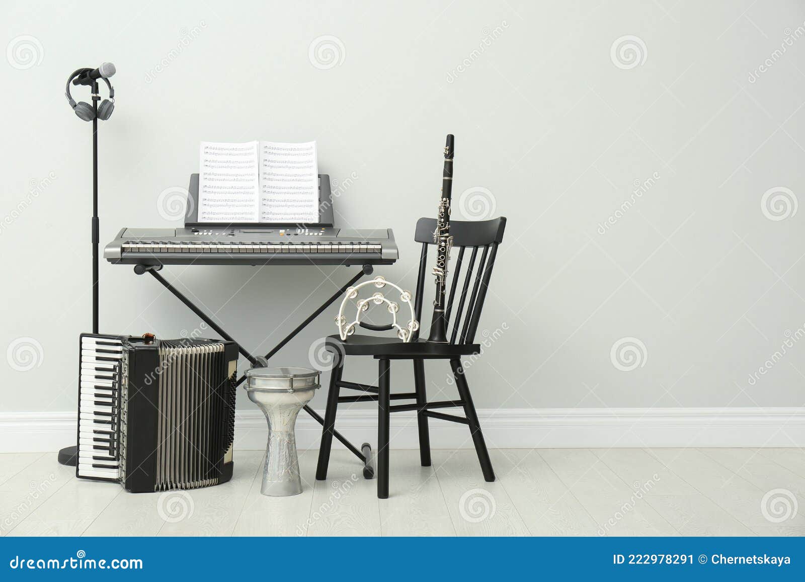 Set of Different Musical Instruments and Microphone Near White Wall ...