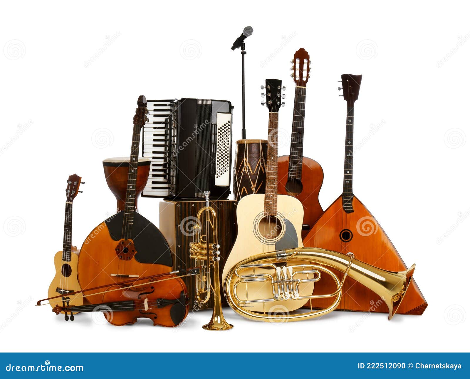 Set of Different Musical Instruments and Microphone on White Background ...