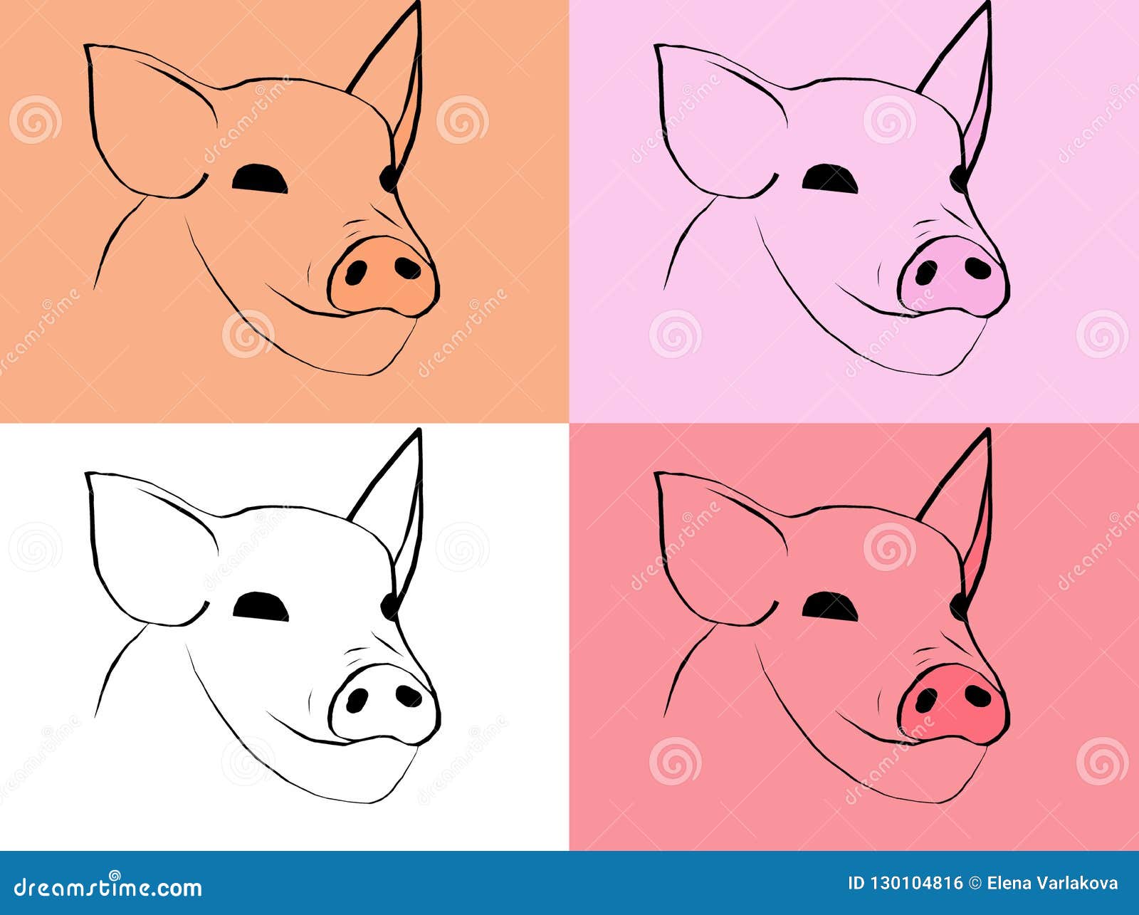 Set of Pork Heads in Different Colors. Stock Illustration ...