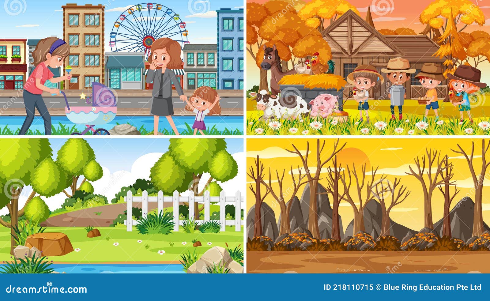 Set of Different Nature Scenes Cartoon Style Stock Vector ...