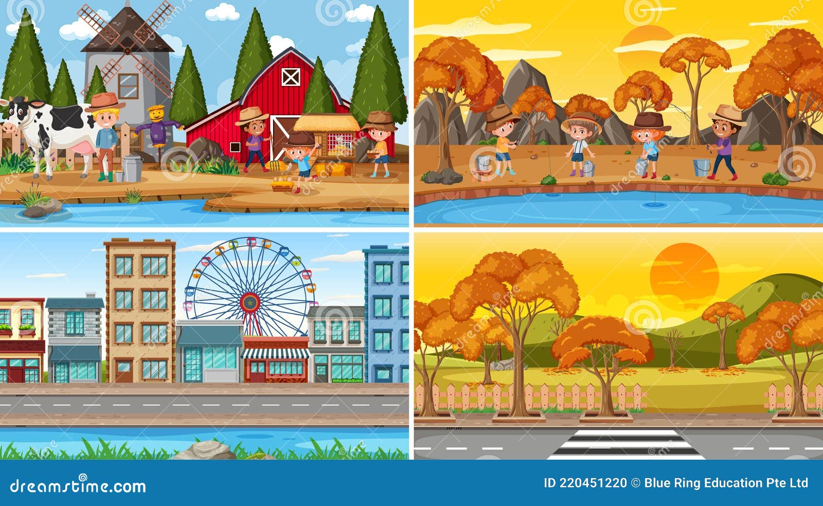 Set of Different Nature Scenes Cartoon Style Stock Vector ...