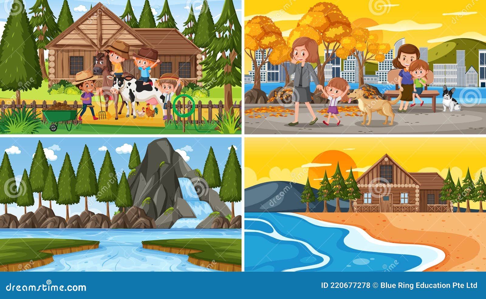 Set of Different Nature Scenes Cartoon Style Stock Illustration ...