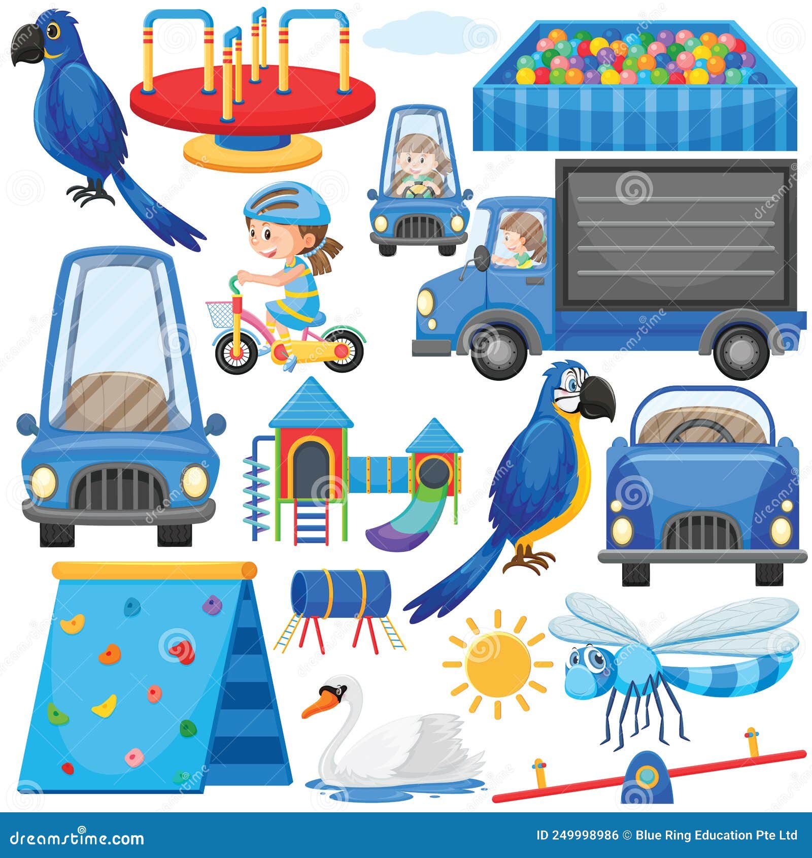 Set of Different Objects in Blue Stock Vector - Illustration of ride ...