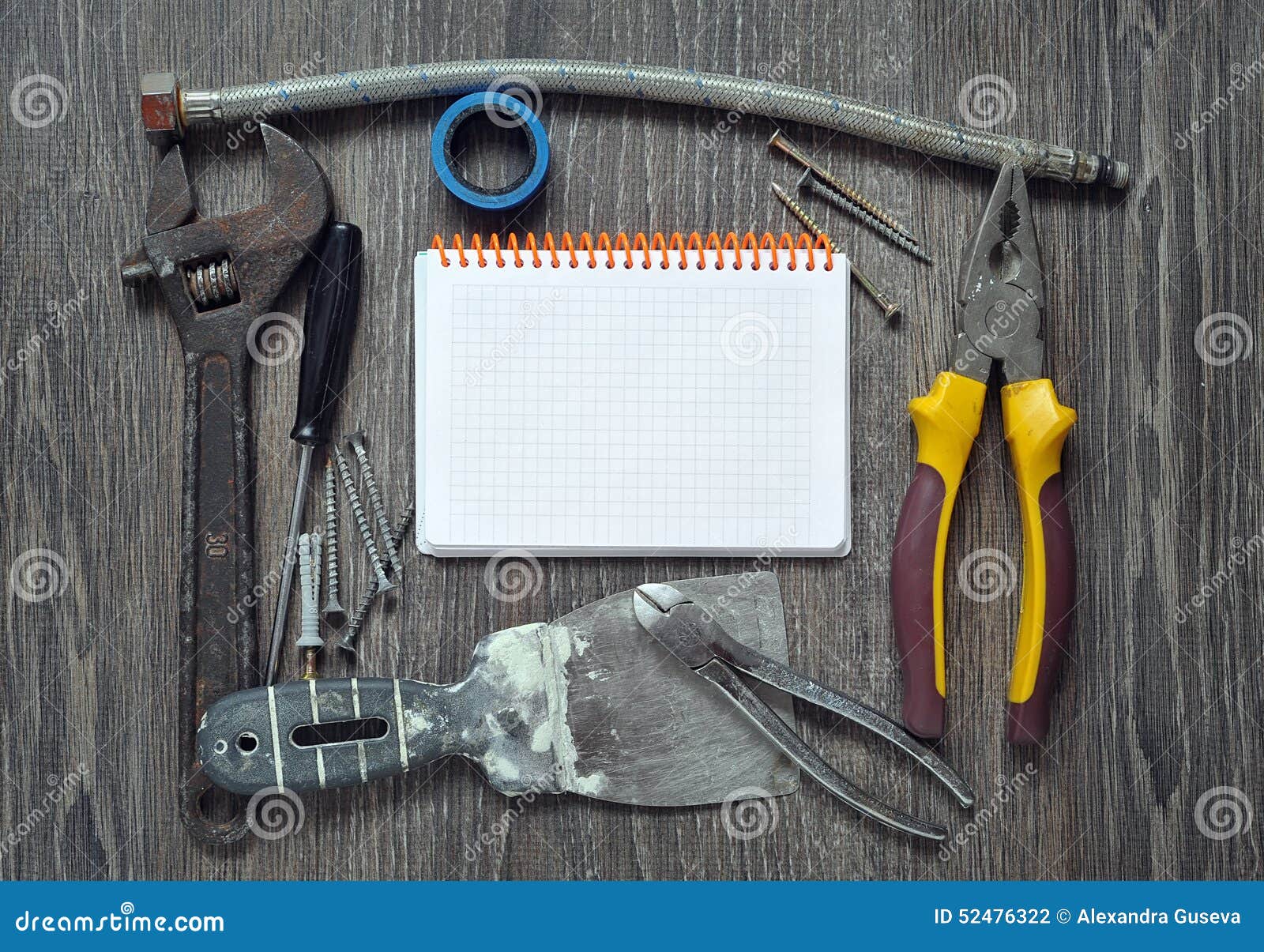 Set of Different Old Tools and Notepad Stock Photo - Image of paper ...
