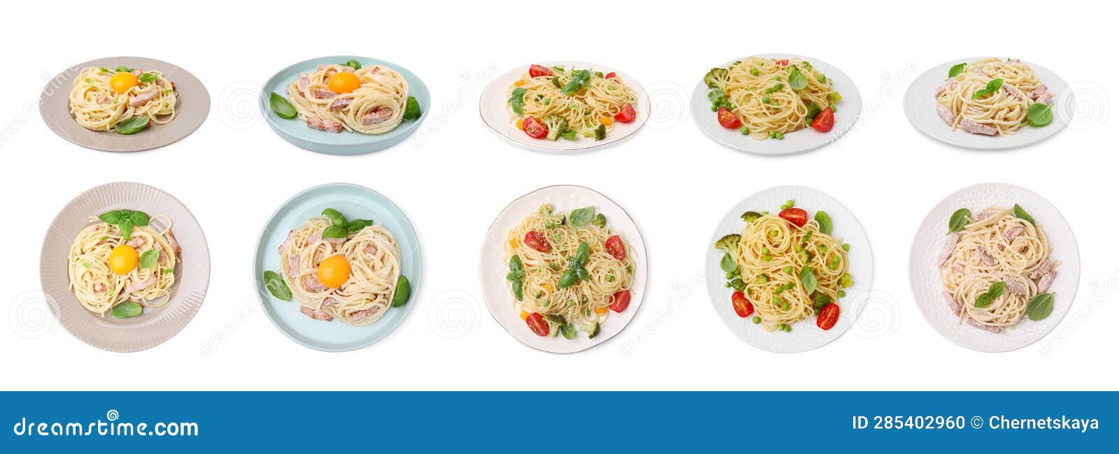 Set of Different Pasta Dishes Isolated on White, Top and Side Views ...