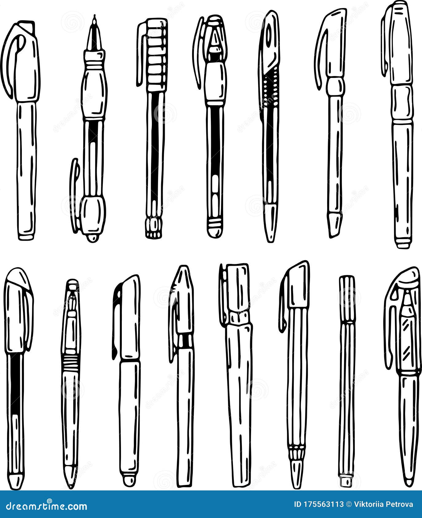Set of Different Pens, Hand Drawn Vector Stock Vector - Illustration of ...