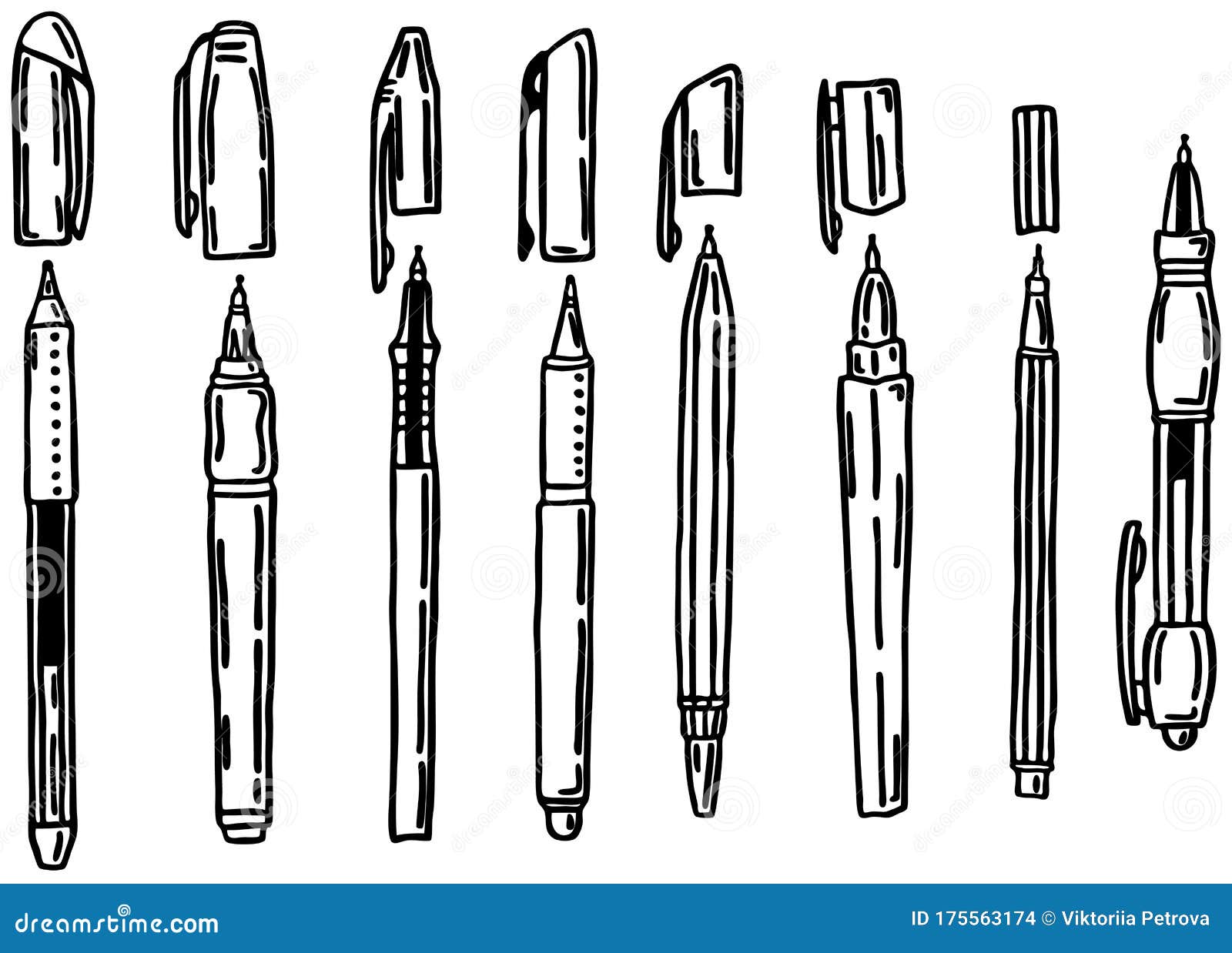 Set of Different Pens, Hand Drawn Vector Stock Vector - Illustration of ...