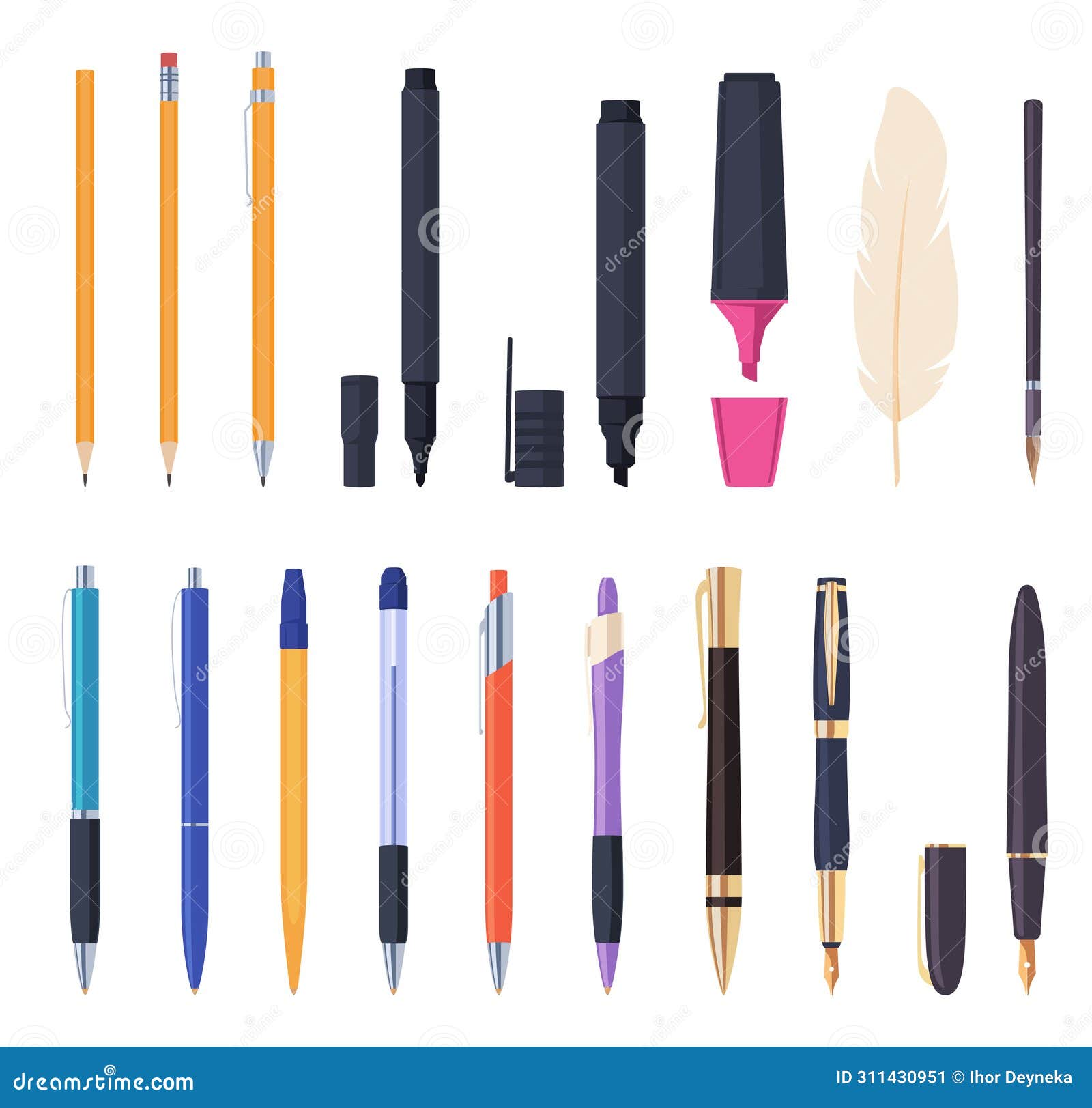 A Set of Different Pens and Pencils. Writing Tools. Vector Illustration ...