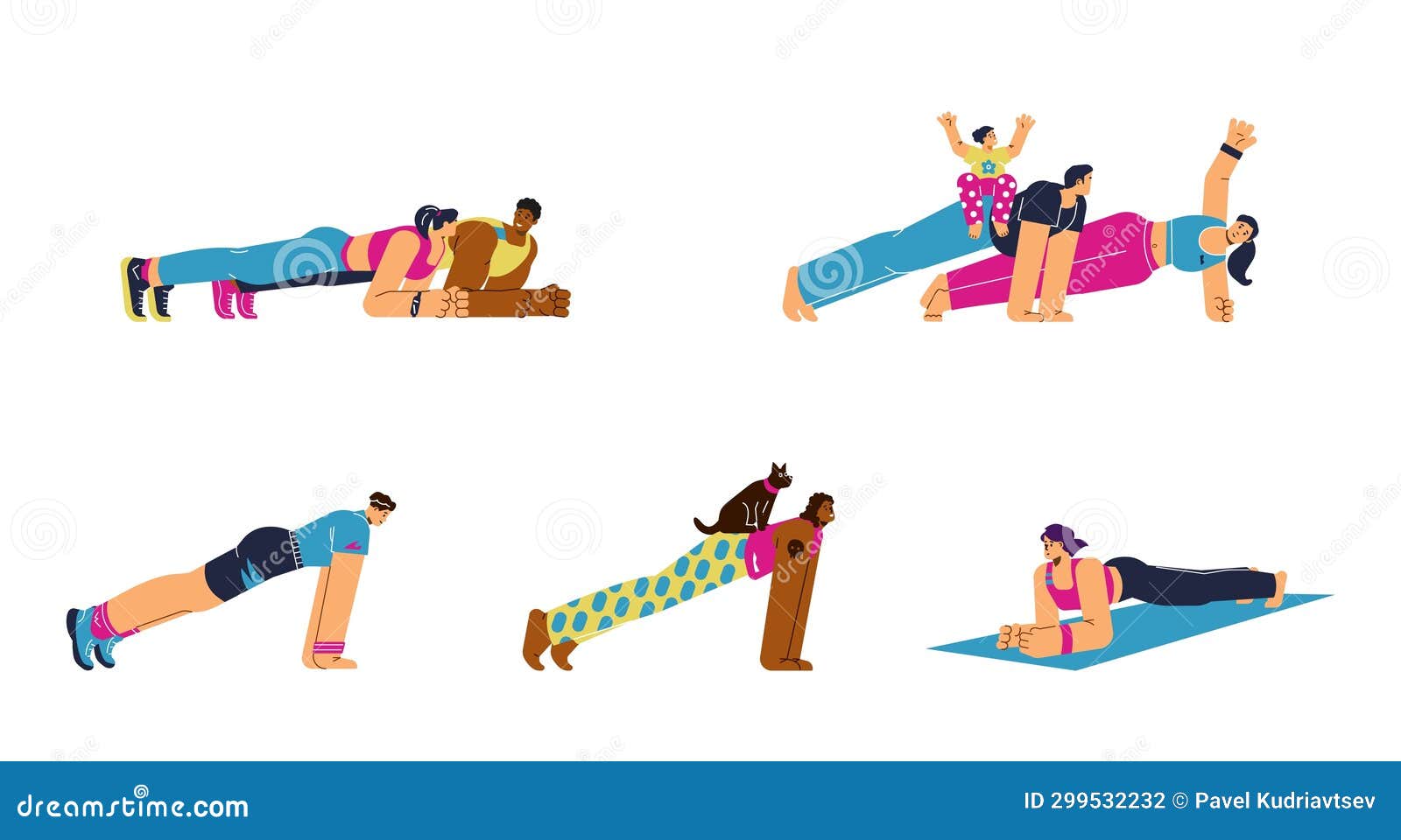 Set of Different People Doing Plank Exercise Alone and Together with ...