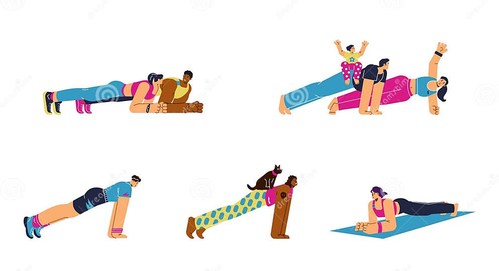 Set of Different People Doing Plank Exercise Alone and Together with ...