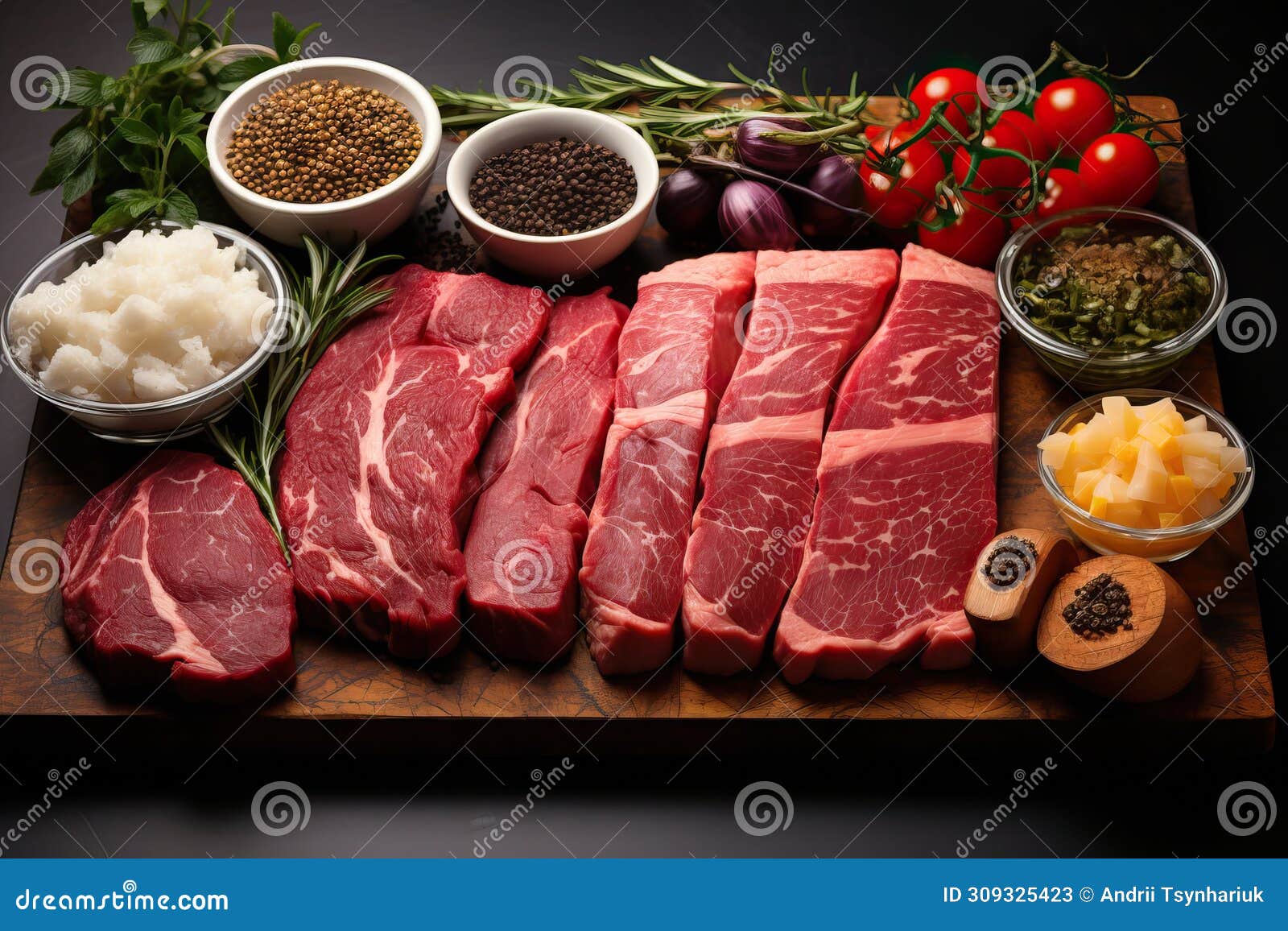 Set of Different Pieces of Raw Meat with Spices, Top View of Meat ...