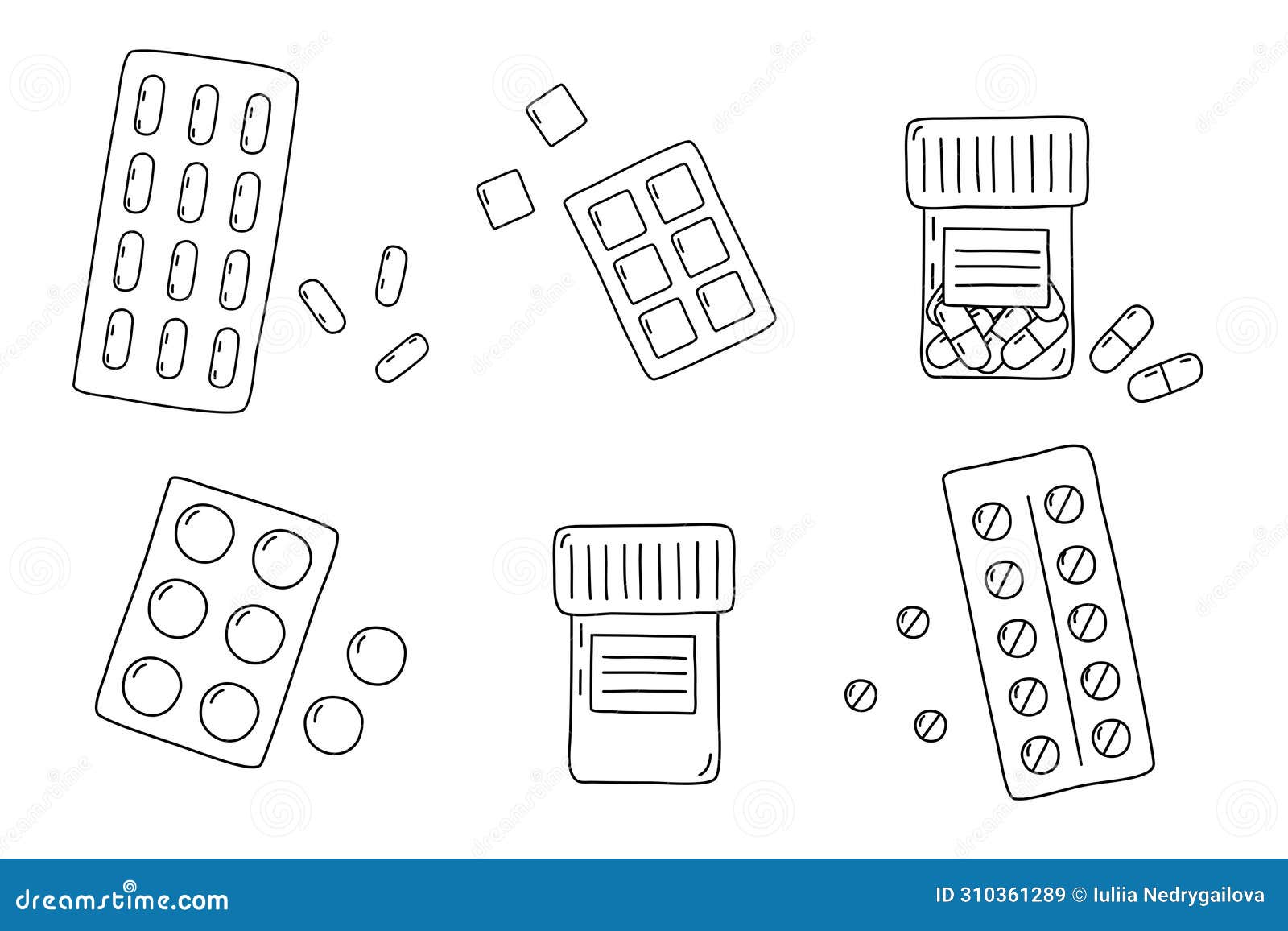 Set of Different Pills in Packages and Bottles, Doodle Style Flat ...