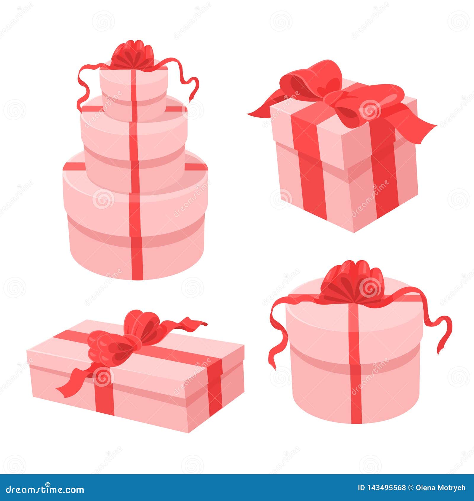 Set of Different Pink Gift Boxes with Red Ribbons. Stock Vector ...