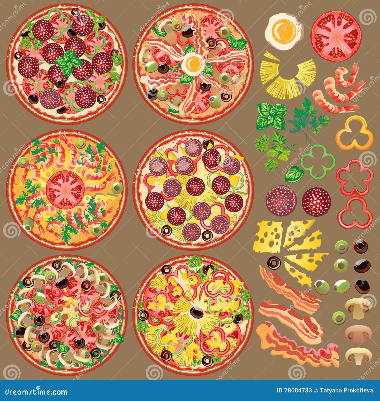 Set of Different Pizza Ingredients. Six Types of Pizza. Stock ...