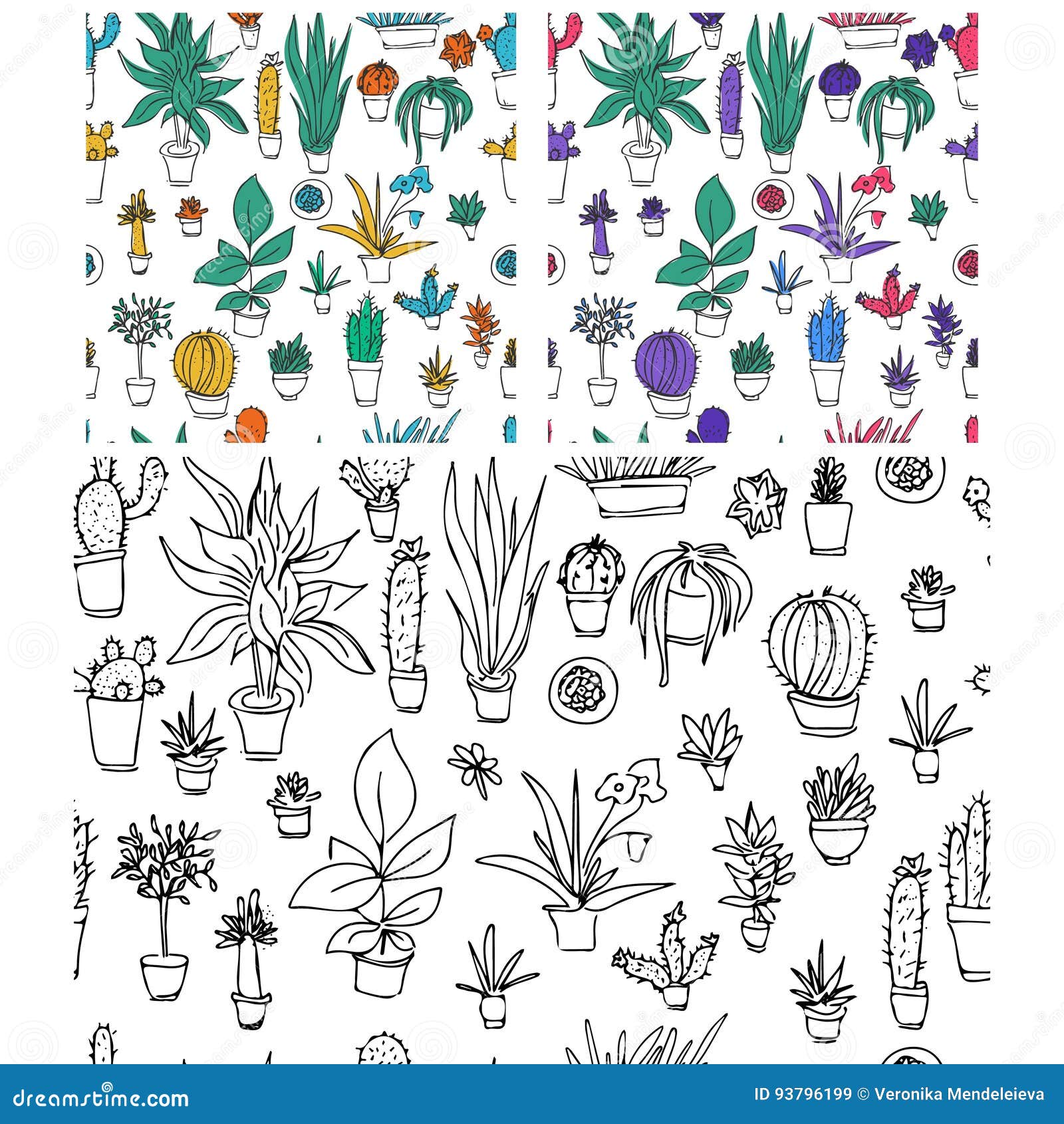 Set of Different Plants, Cactus. Hand Drawn Illustration. Stock Vector ...