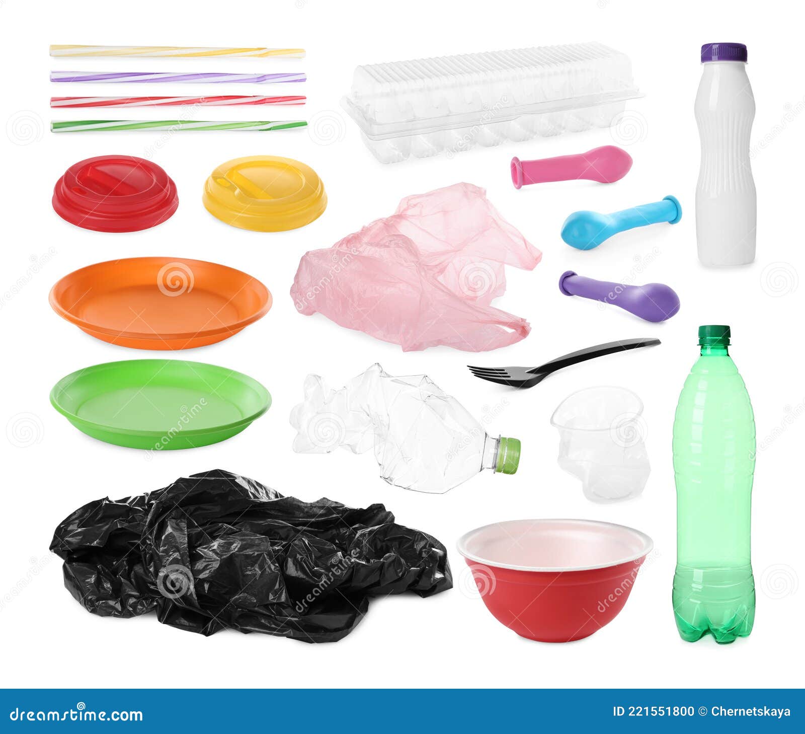 Set with Different Plastic Items on White Background Stock Photo ...