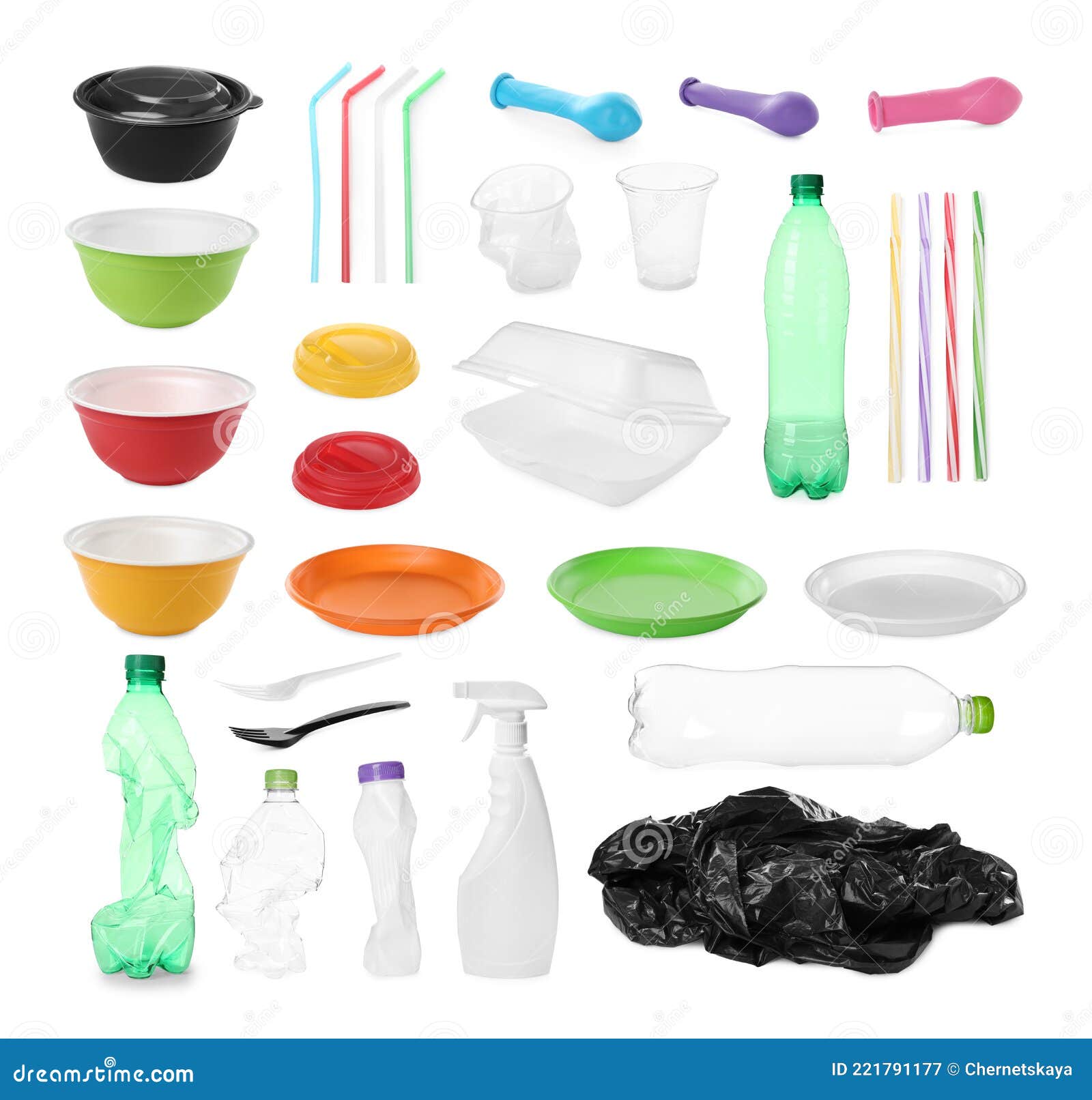 Set with Different Plastic Items on White Background Stock Image ...