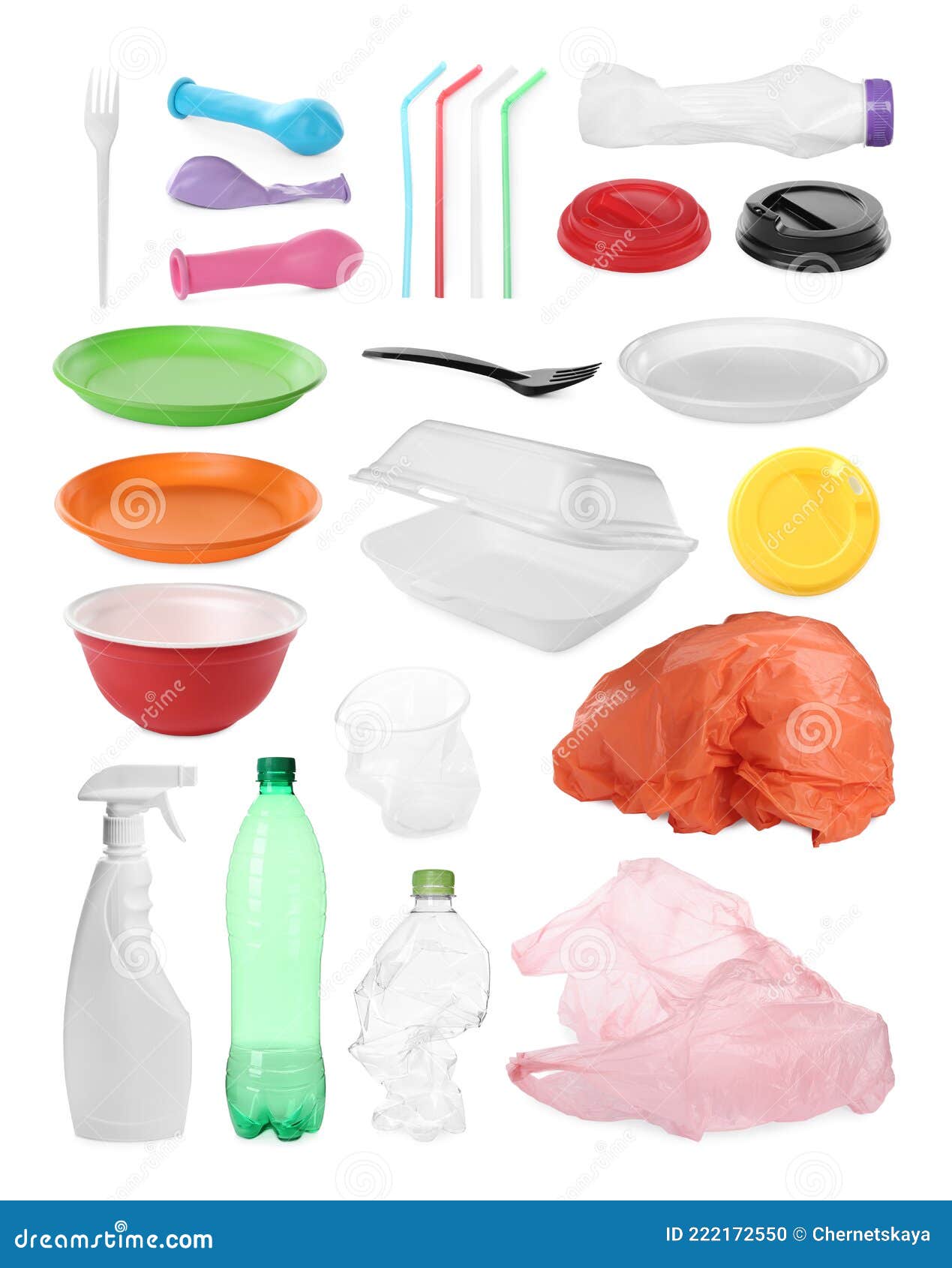 Set with Different Plastic Items on White Background Stock Photo ...