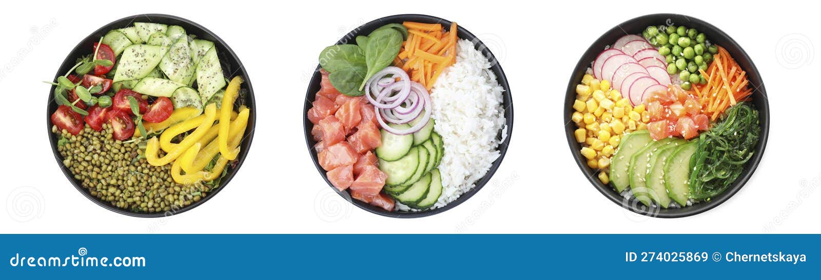Set of Different Poke Bowls Isolated on White, Top View Stock Image ...
