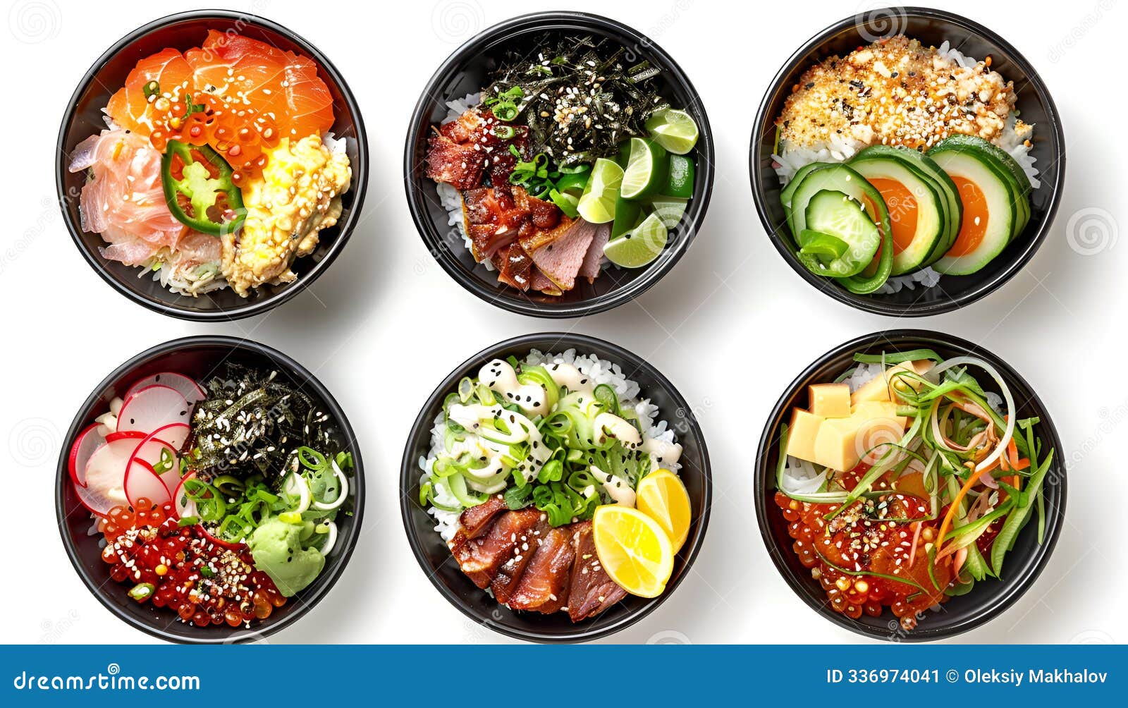 Set of Different Poke Bowls Isolated on White, Top View Stock ...