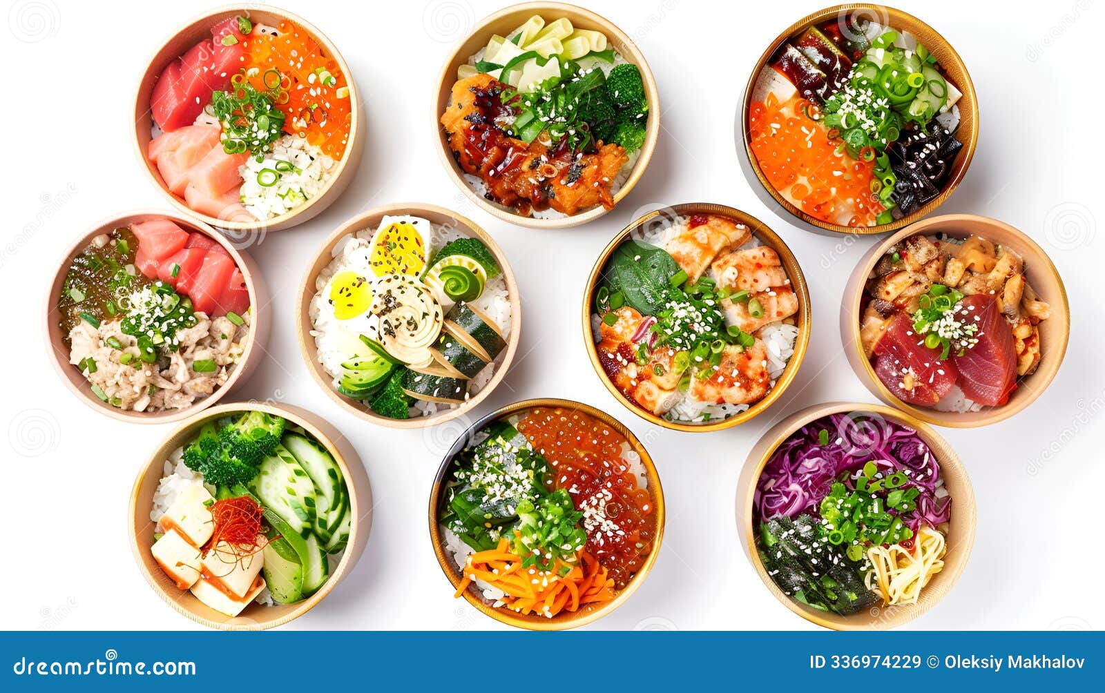 Set of Different Poke Bowls Isolated on White, Top View Stock ...