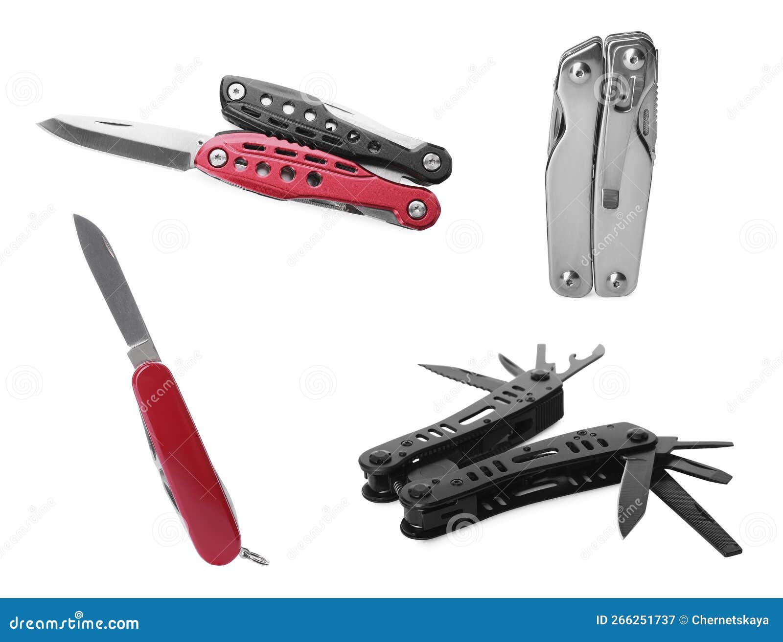 Set with Different Portable Multitools on White Background Stock Image ...