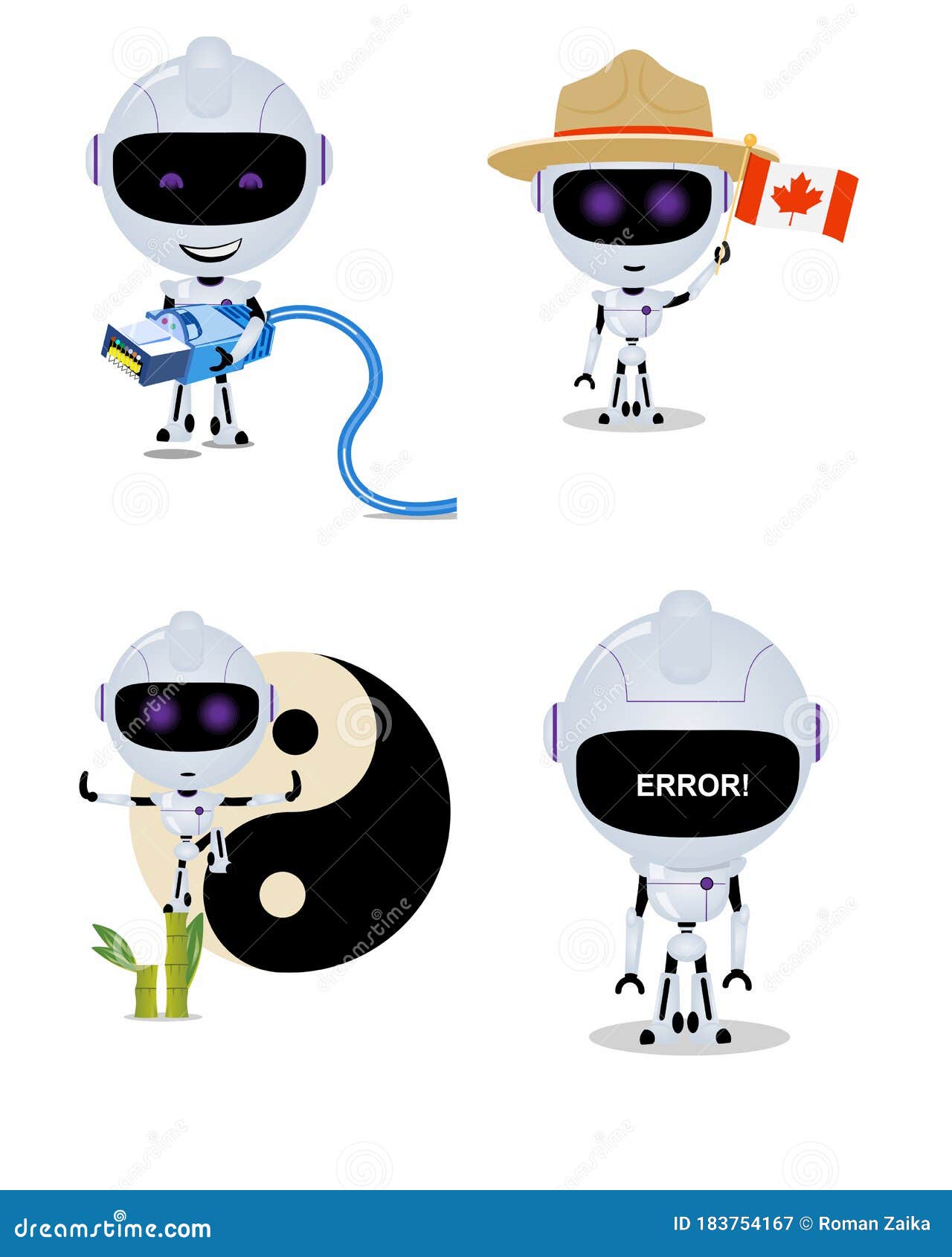 A Set Of Smart Cute Modern Robots In Different Poses, Character ...