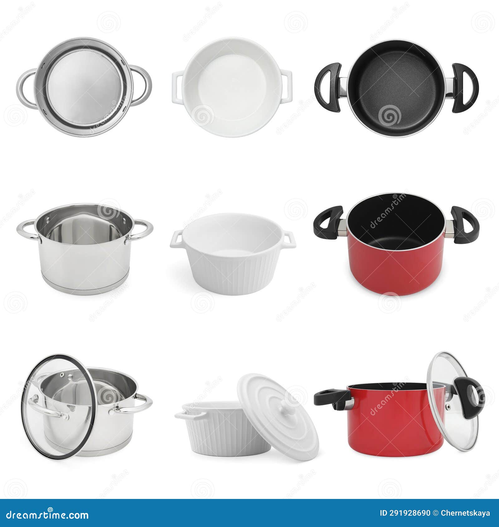 Set with Different Pots Isolated on White Stock Photo - Image of cook ...