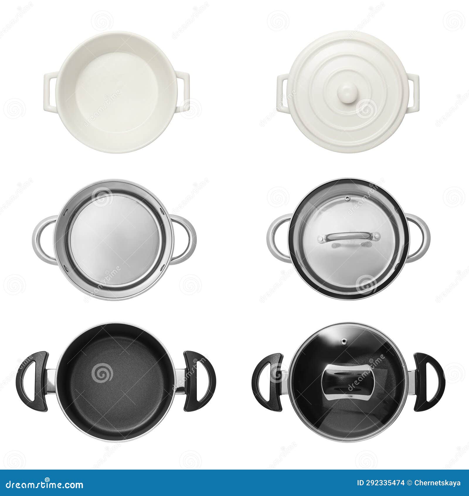 Set with Different Pots Isolated on White, Top View Stock Photo - Image ...