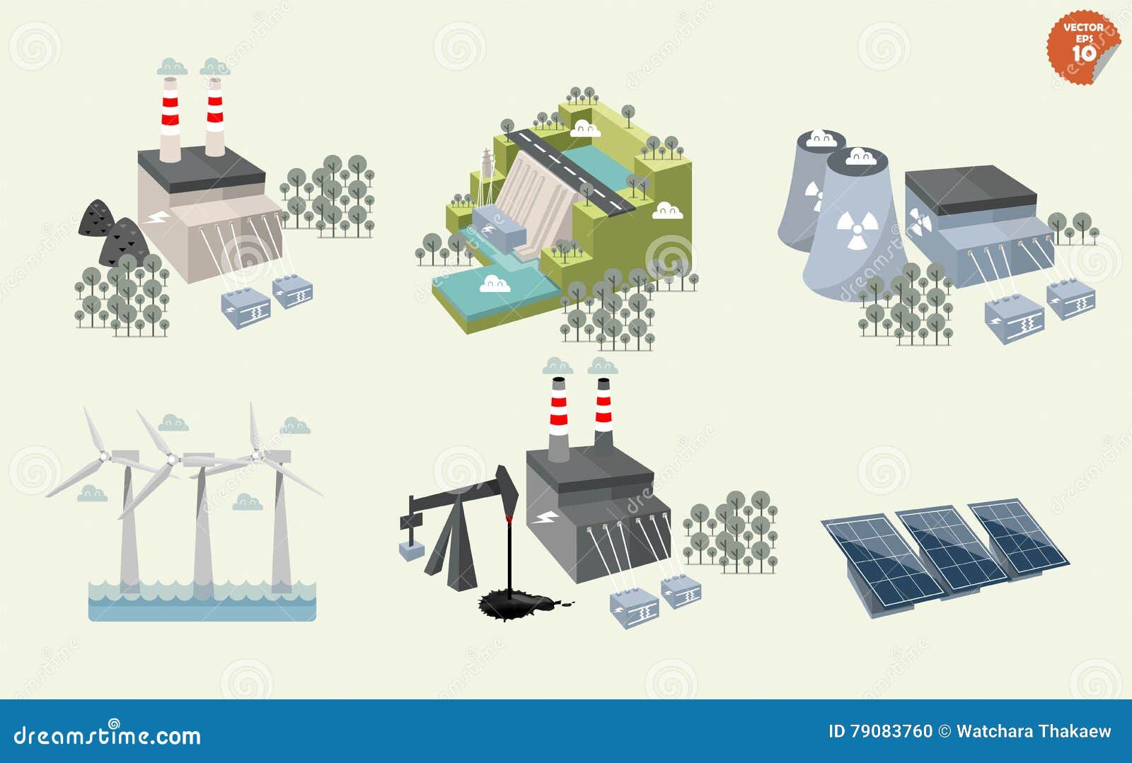 Set of Different Power Plant Stock Illustration - Illustration of tower ...