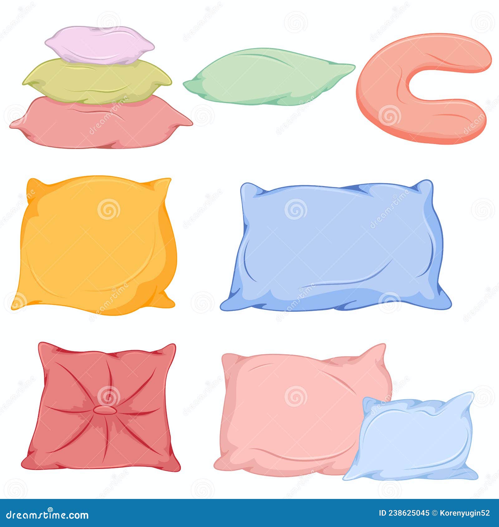 Set of Different Realistic Cartoon Pillows Hand Drawn for Design Stock ...