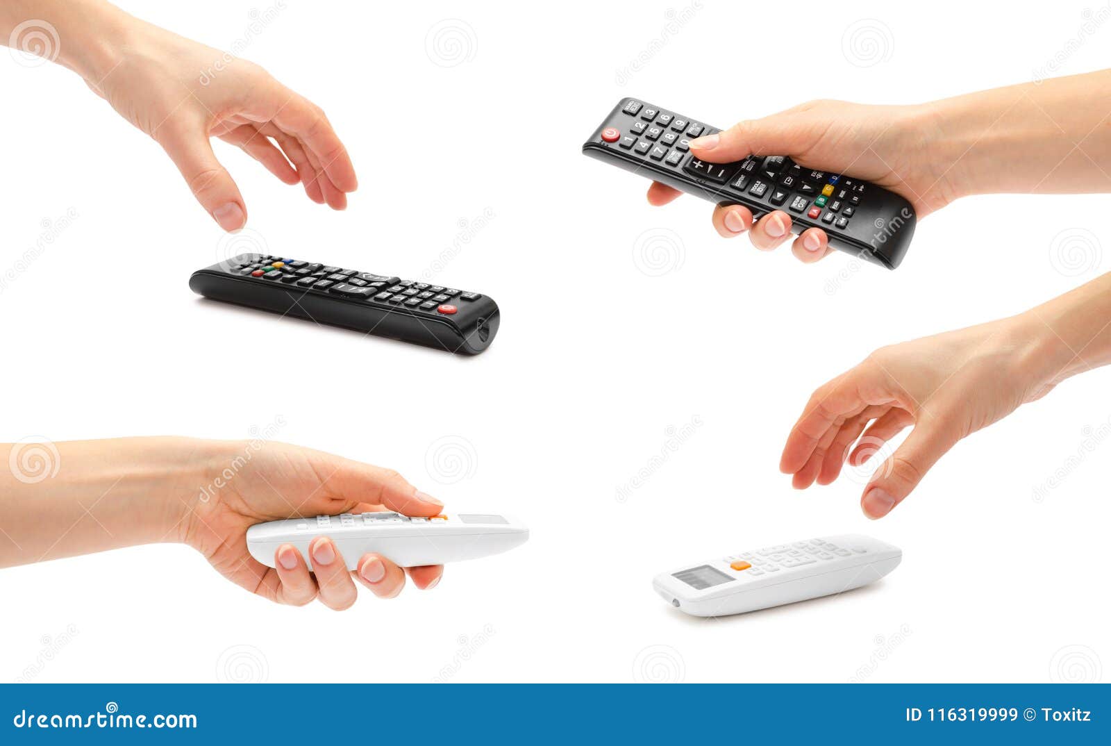 Set of Different Remote Control with Hand. Isolated on White Background ...