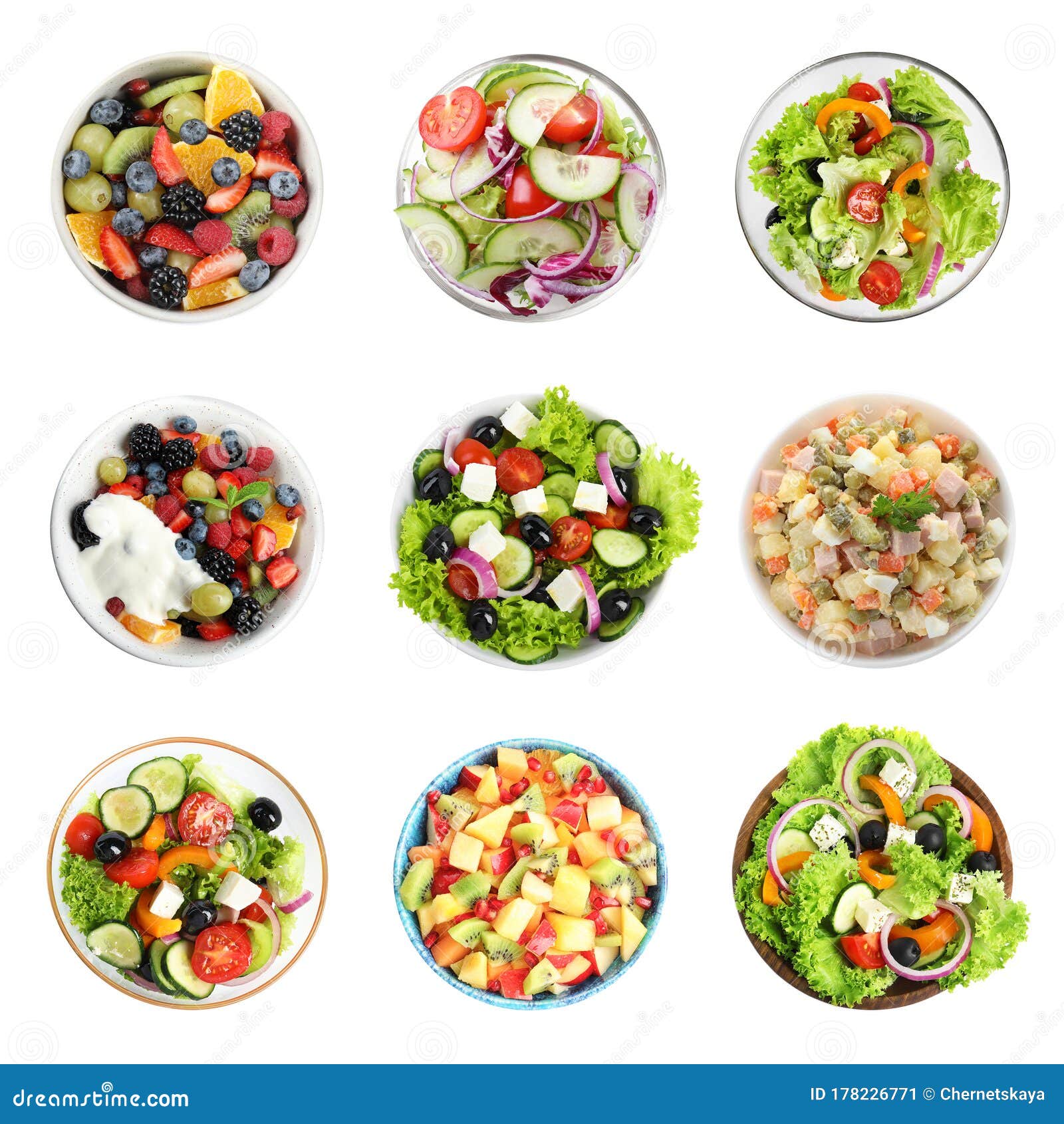 Set with Different Salads on Background, Top View Stock Image - Image ...