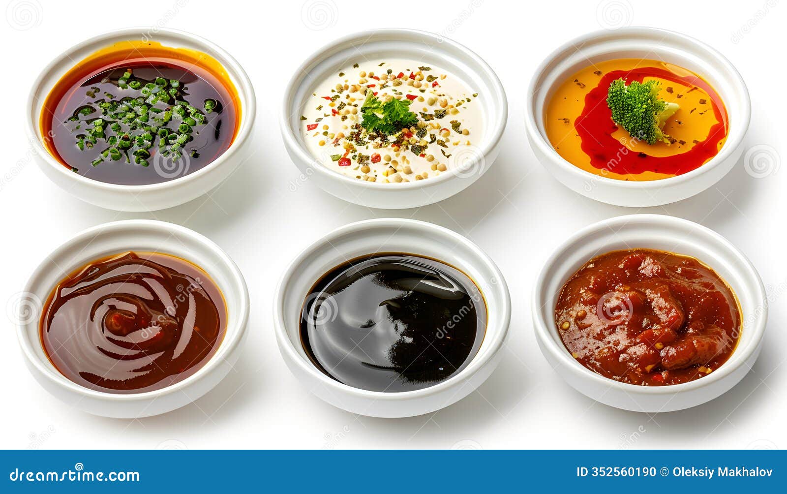 Set of Different Sauces in Bowls Isolated on White, Top and Side Views ...