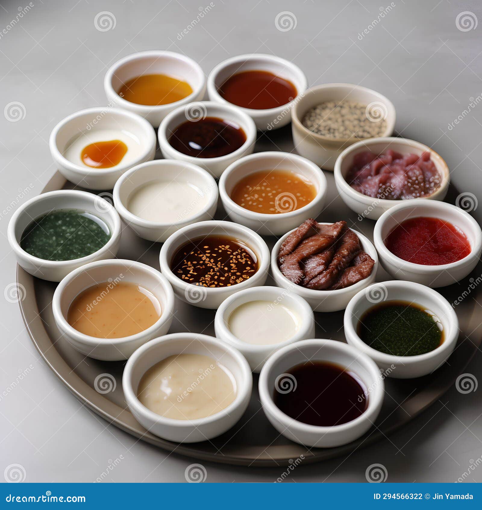 Set of Different Sauces in Small Porcelain Bowls, Top View Stock ...