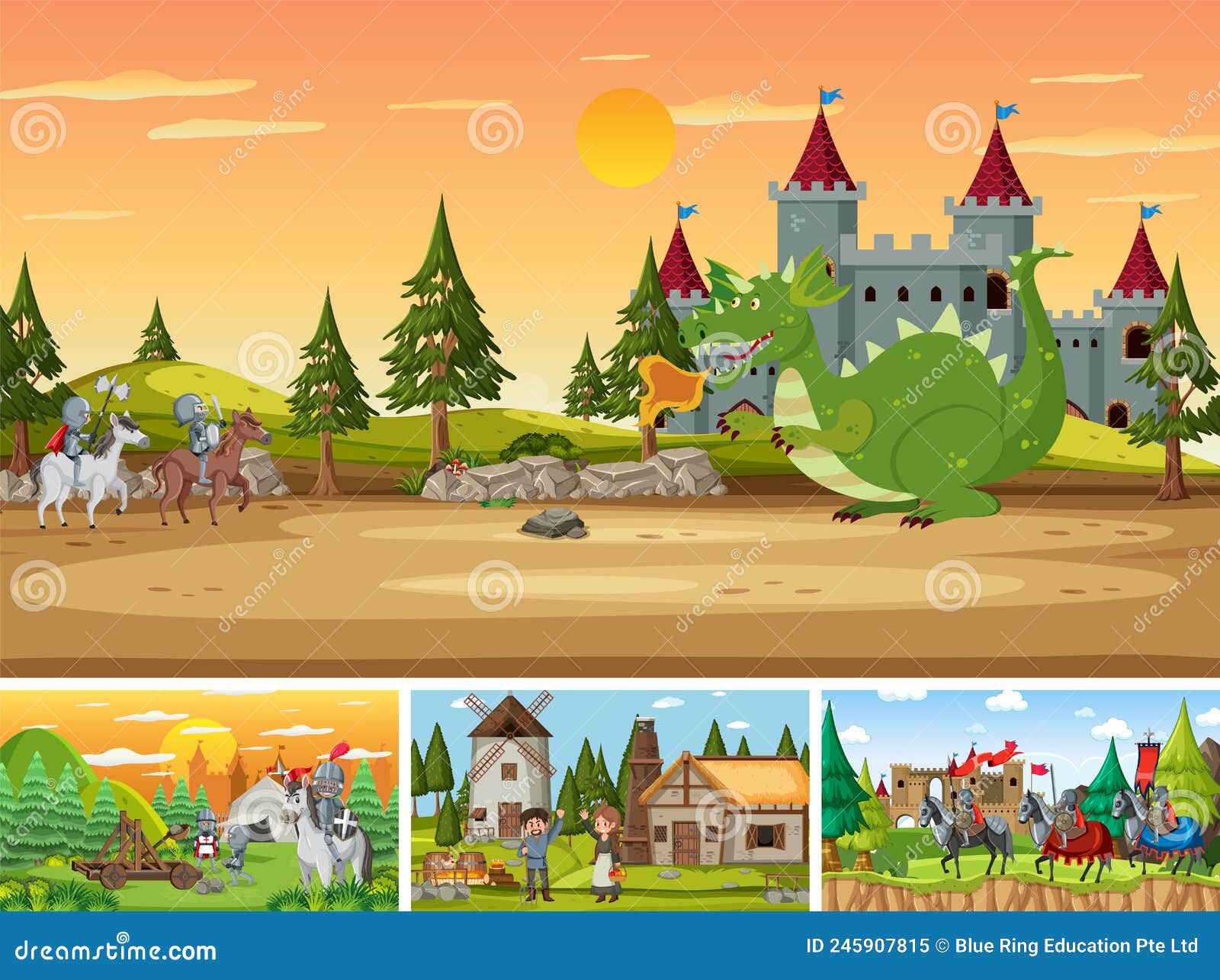 Set of Different Scene Medieval Stock Vector - Illustration of cartoon ...