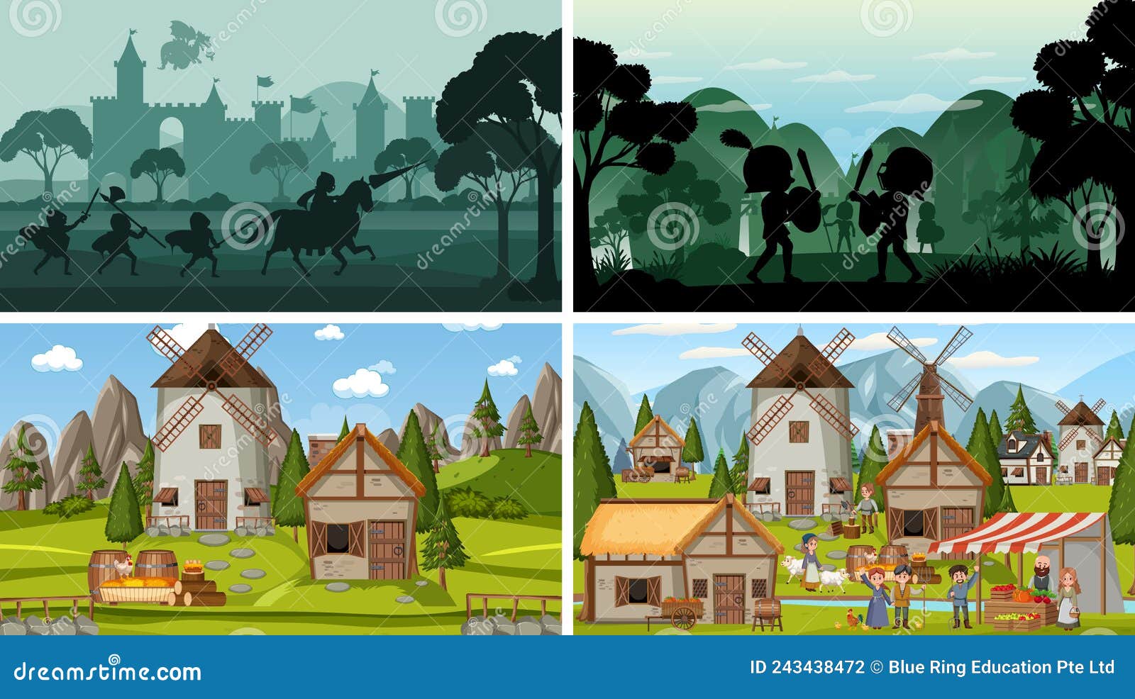 Set of Different Scene Medieval with Silhouette Stock Vector ...