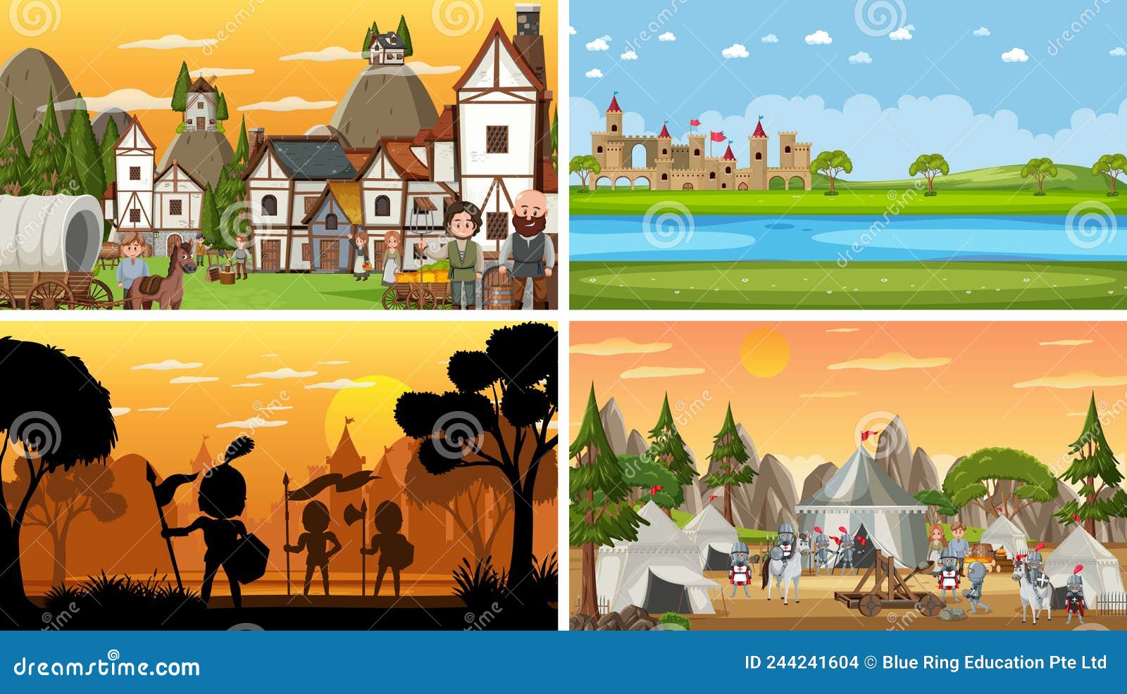 Set of Different Scene Medieval with Silhouette Stock Vector ...