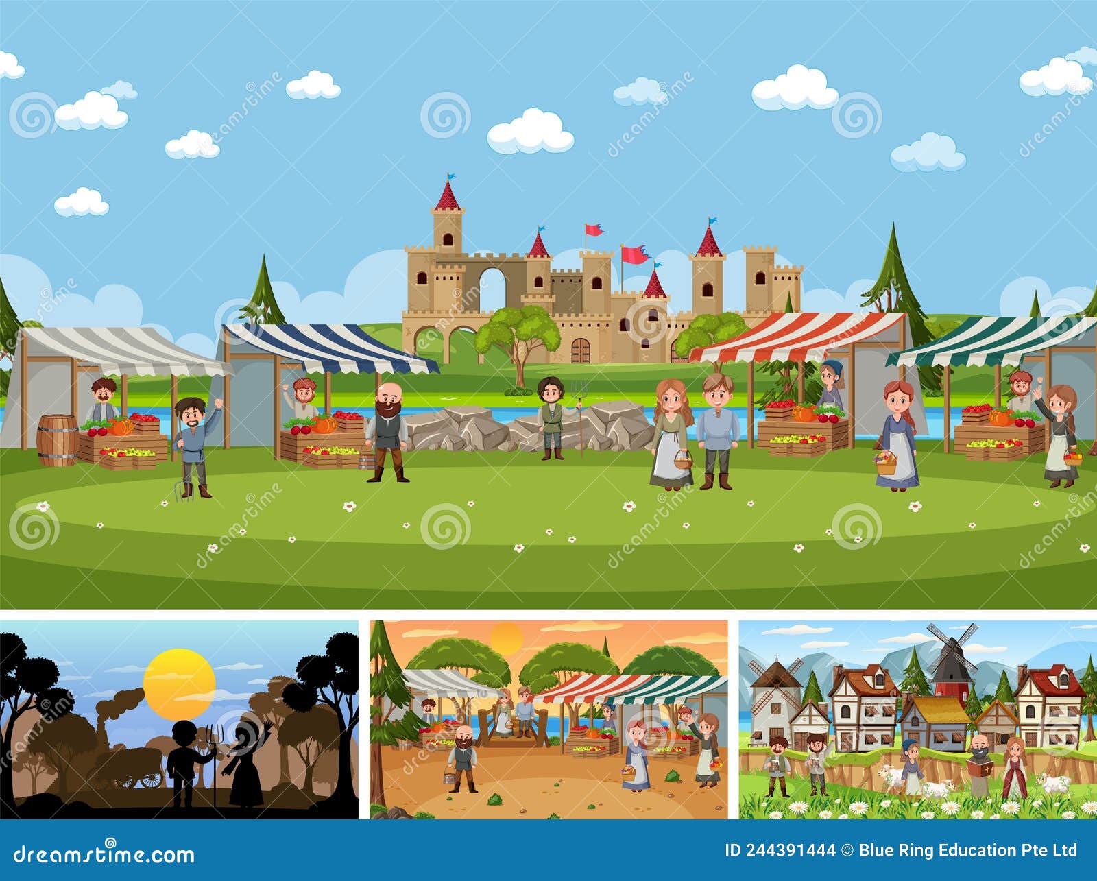 Set of Different Scene Medieval with Silhouette Stock Vector ...